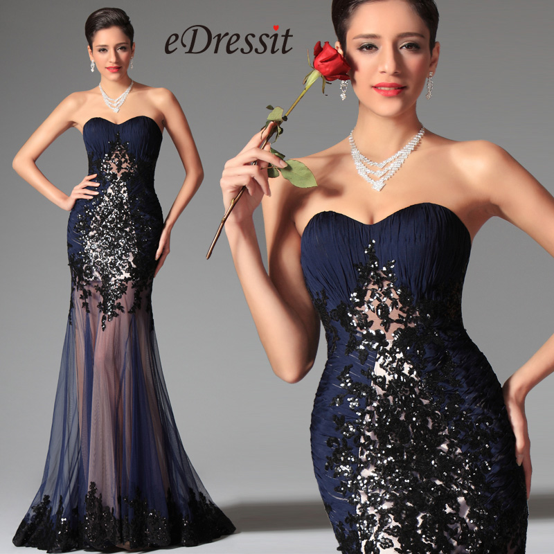 Edressit Navy Blue Sweetheart Sequin Evening Dress Prom Gown 02147605