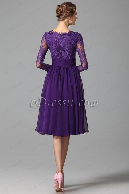 Purple Cocktail Dress Party Dress With Long Lace Sleeves 26152206
