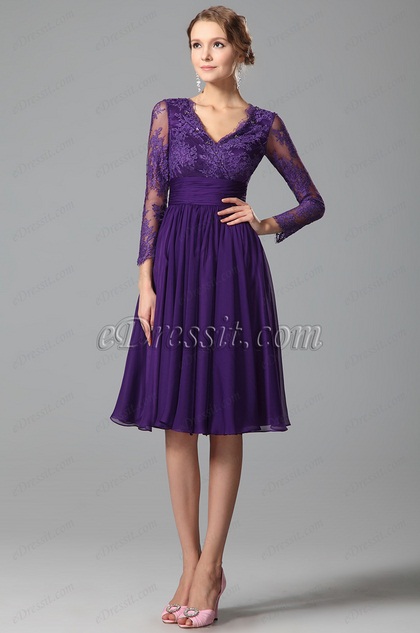 Purple Cocktail Dress Party Dress With Long Lace Sleeves 26152206