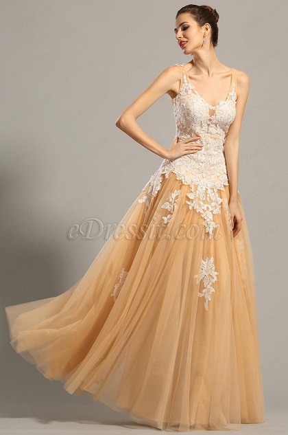 Sleeveless Beige Lace Applique Formal Dress Prom Gown (02154814)