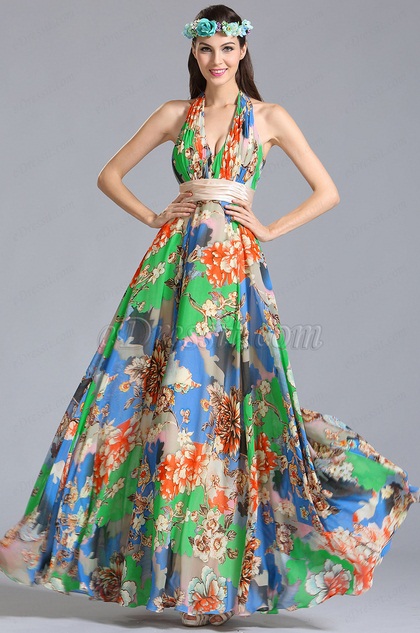 Halter Neck Floral Dress Summer Printed Dress (00155304)