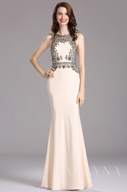 Carlyna Beige Formal Dress with Beaded Appliques (E62214)