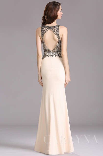 Carlyna Beige Formal Dress with Beaded Appliques (E62214)